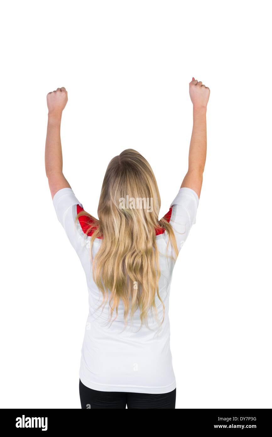 Pretty football fan in white cheering Stock Photo - Alamy