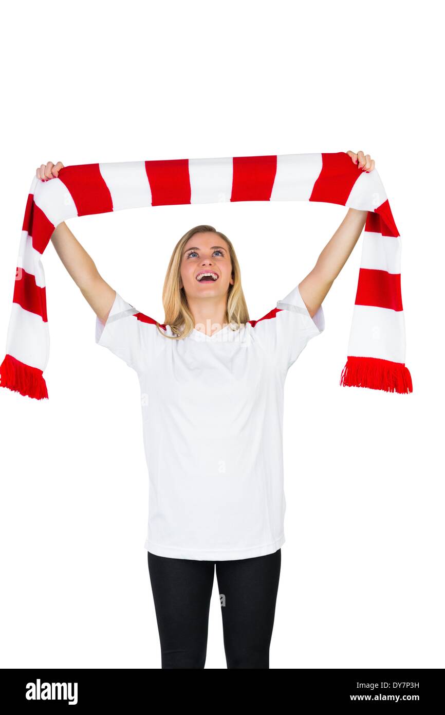 Pretty football fan in white cheering Stock Photo - Alamy