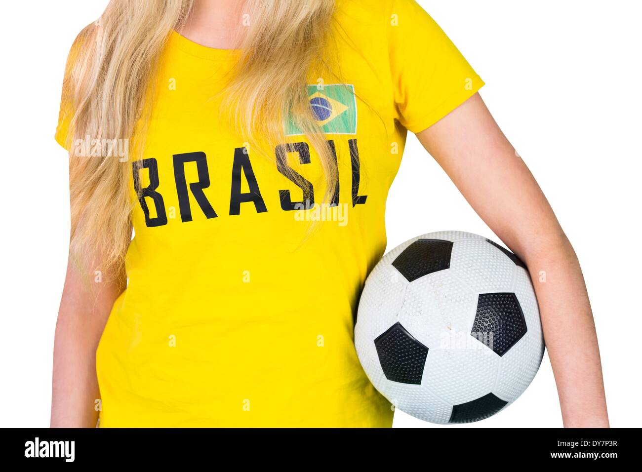 Pretty football fan in brasil tshirt in a large football stadium with ...