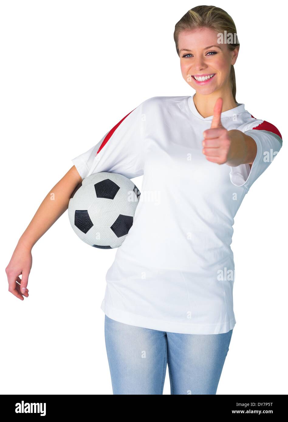 Pretty football fan in white smiling Stock Photo - Alamy