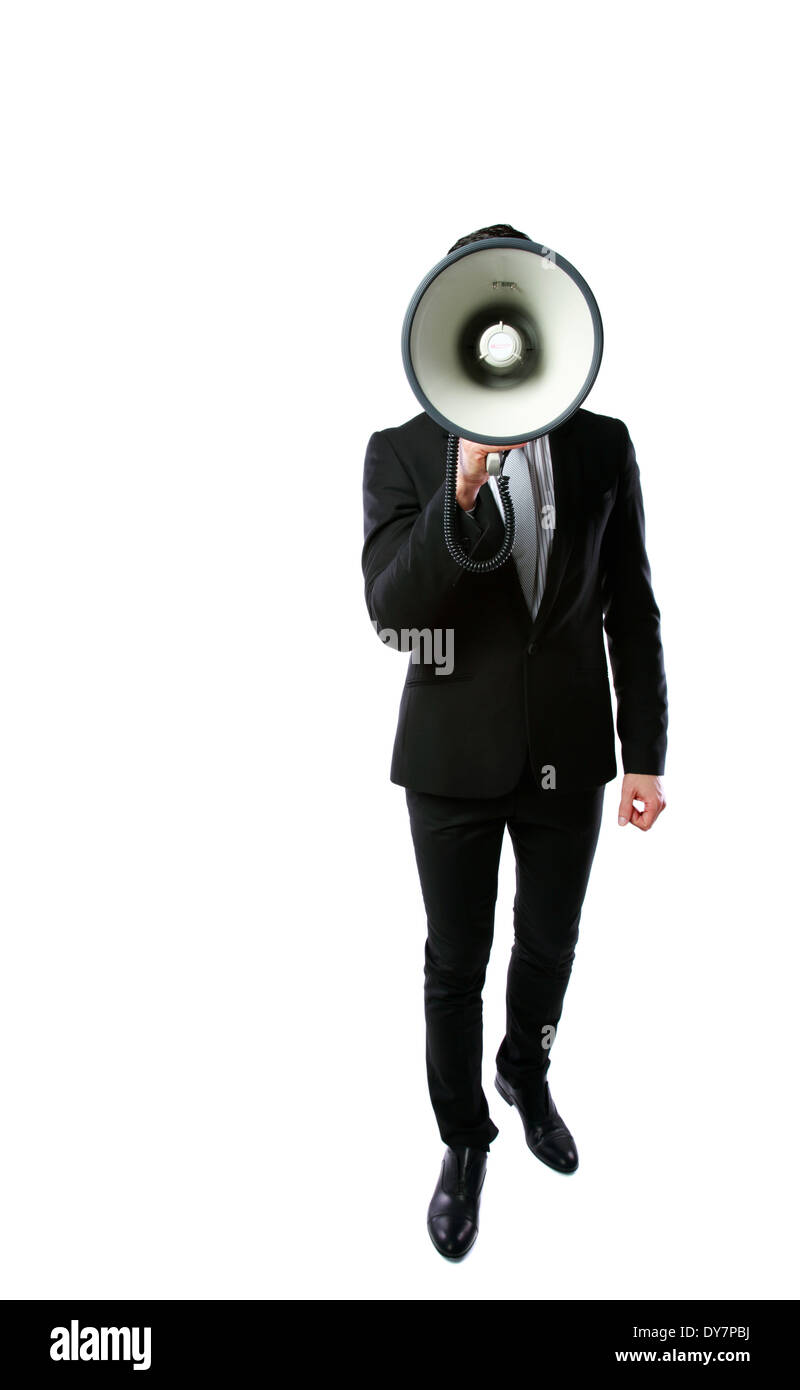 Businessman with megaphone isolated on a white background Stock Photo ...