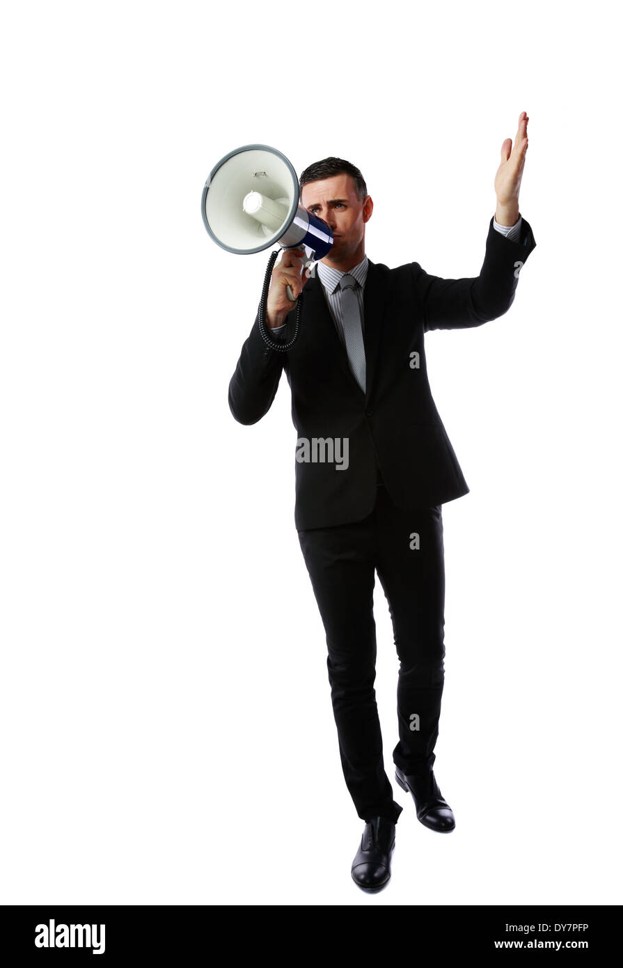 Businessman with megaphone isolated on a white background Stock Photo ...