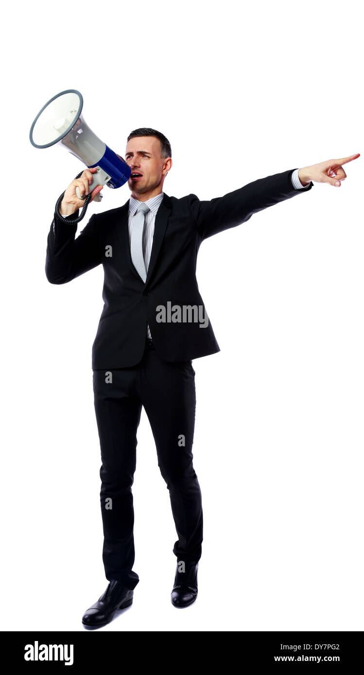 Full length portrait of businessman shout through megaphone isolated on ...