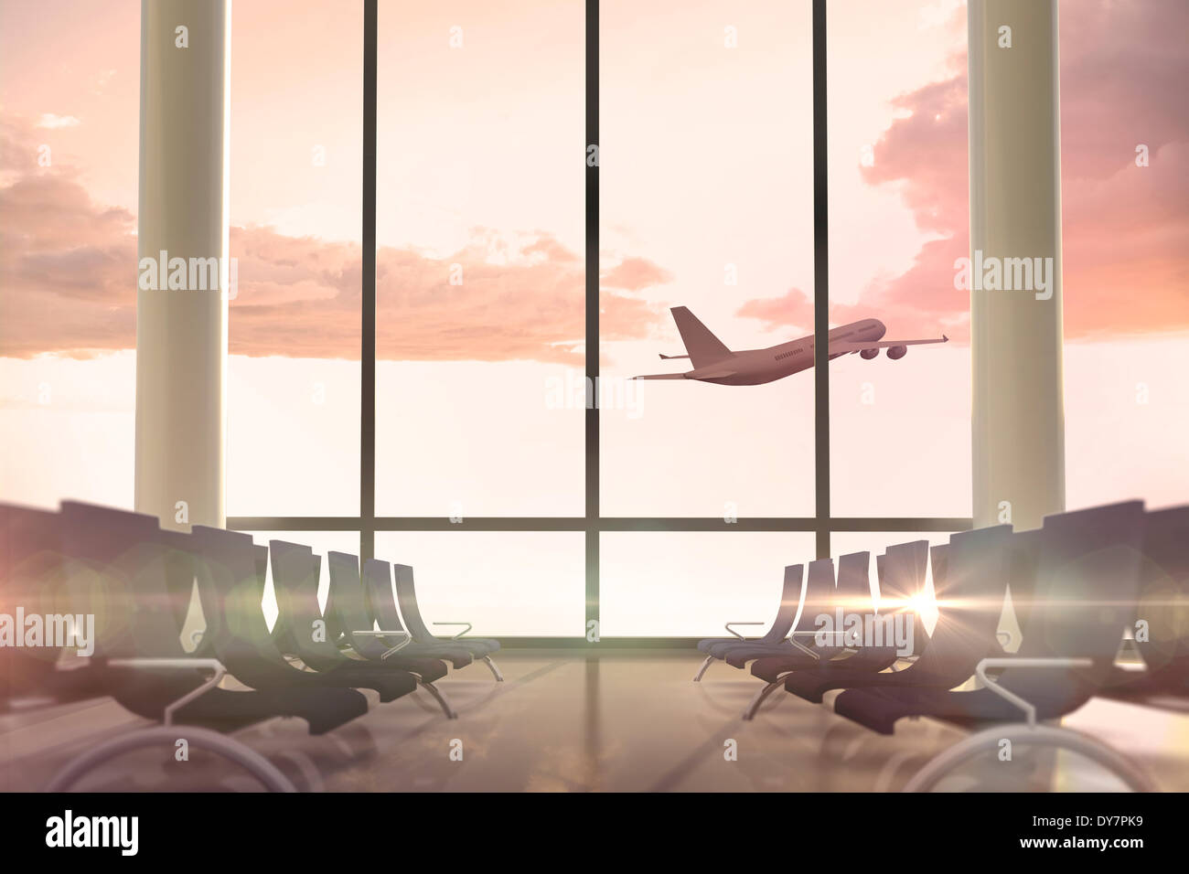 Airplane flying past departures lounge window Stock Photo - Alamy