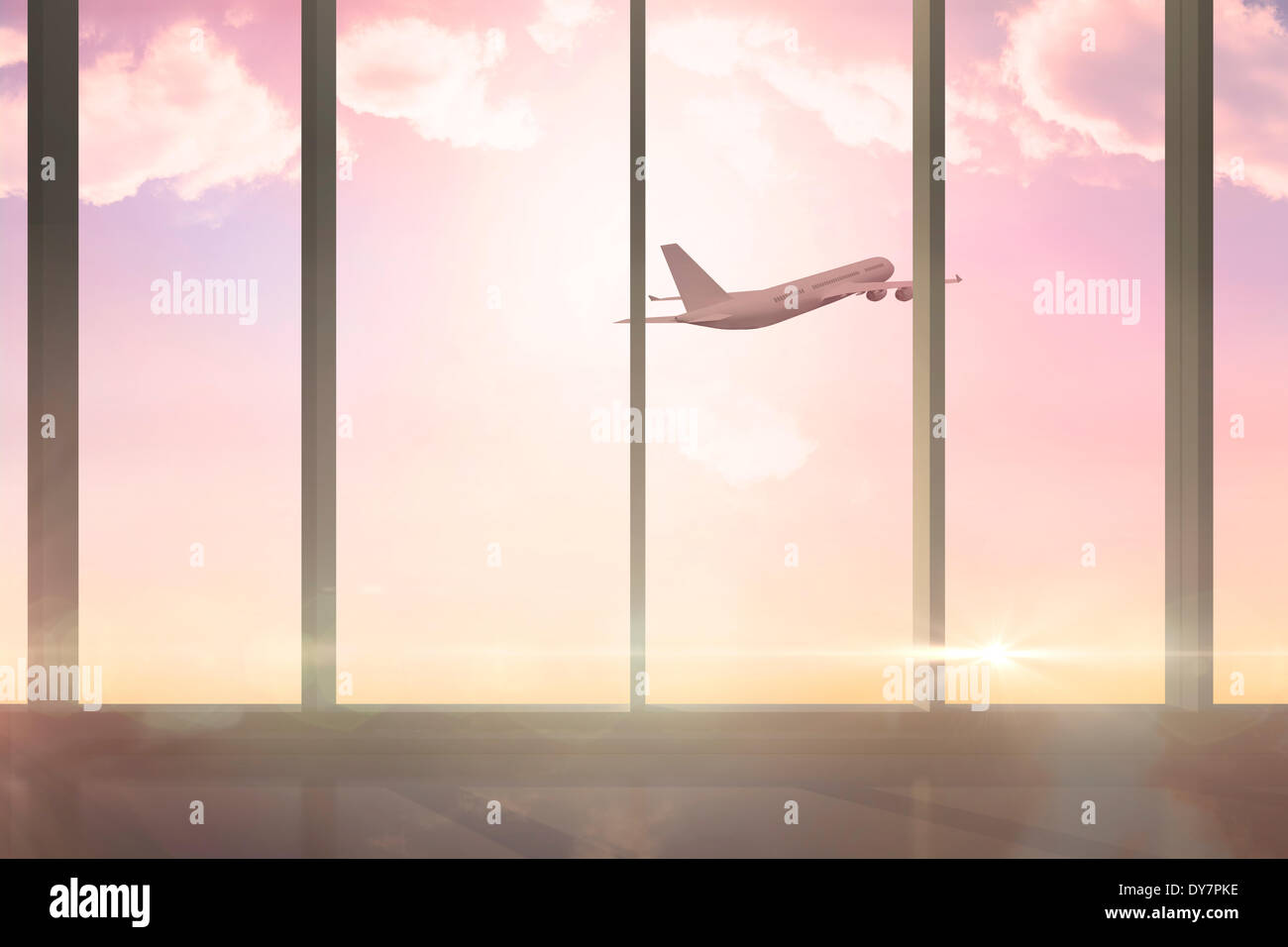 Airplane flying past window at sunrise Stock Photo - Alamy