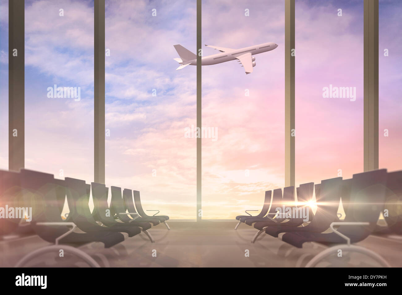 Airplane flying past departures lounge window Stock Photo - Alamy