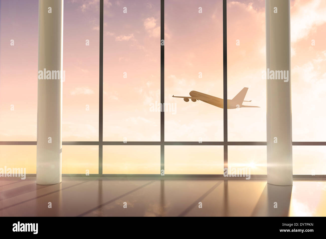 Airplane flying past window at sunrise Stock Photo - Alamy