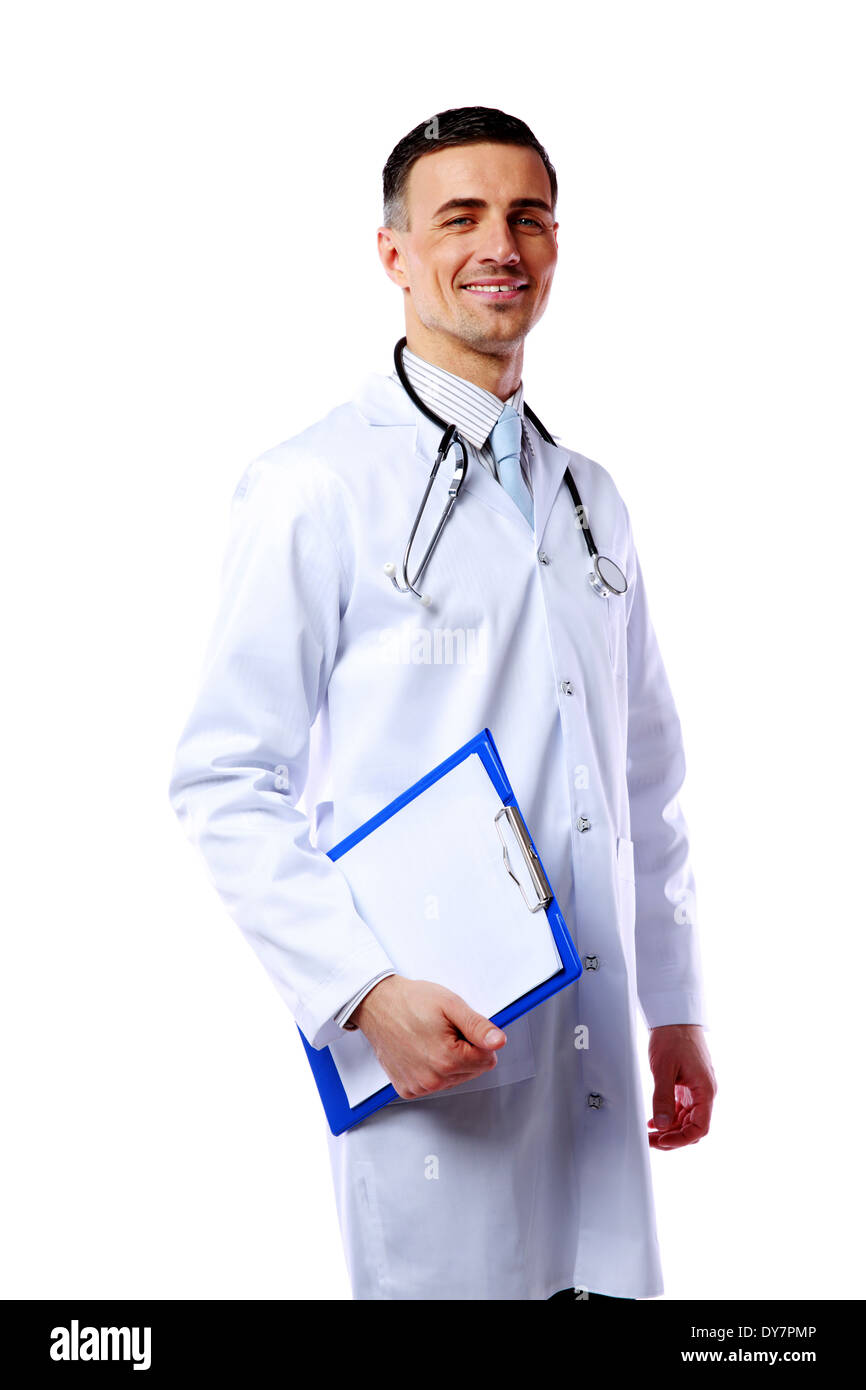 Happy handsome male doctor standing over white background Stock Photo ...