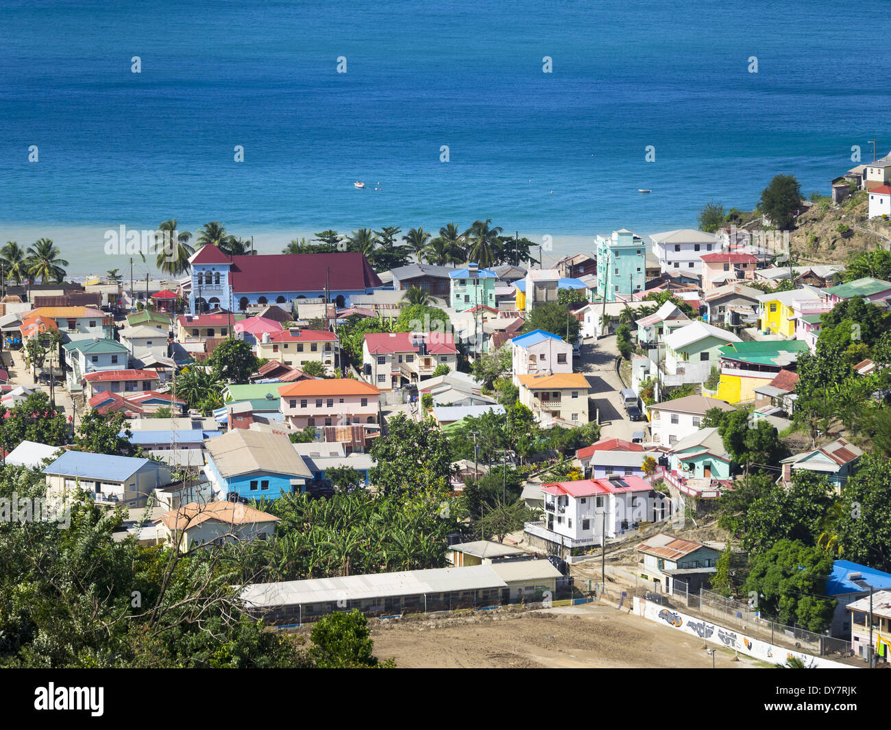 Caribbean, Saint Lucia, View of Canaries with church St. Anthony Stock ...