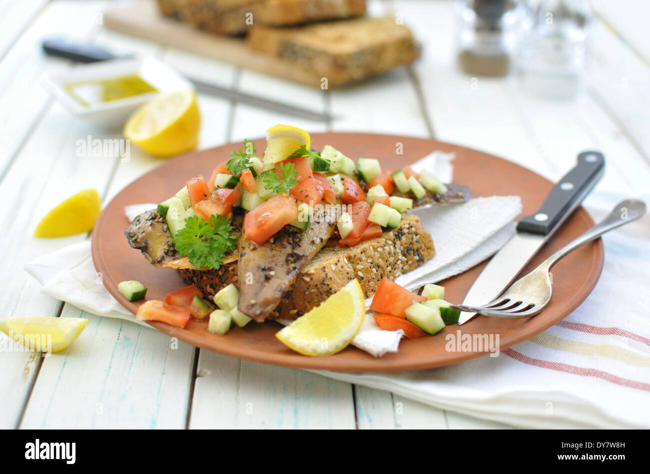 Mackerel fish fillets on a plate Stock Photo - Alamy