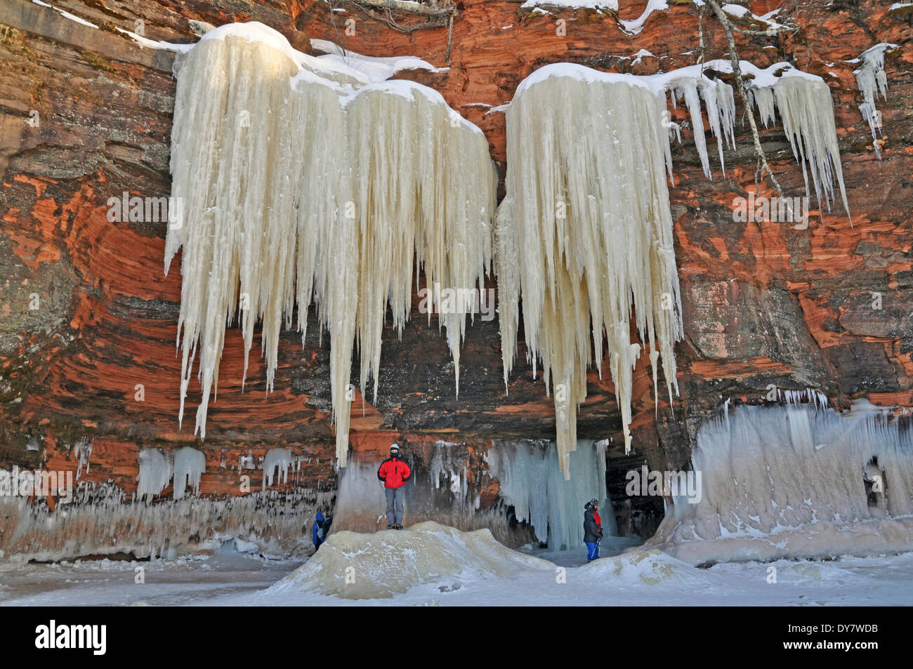 5 m long icicles hanging from red sandstone cliff, Apostle Islands ...