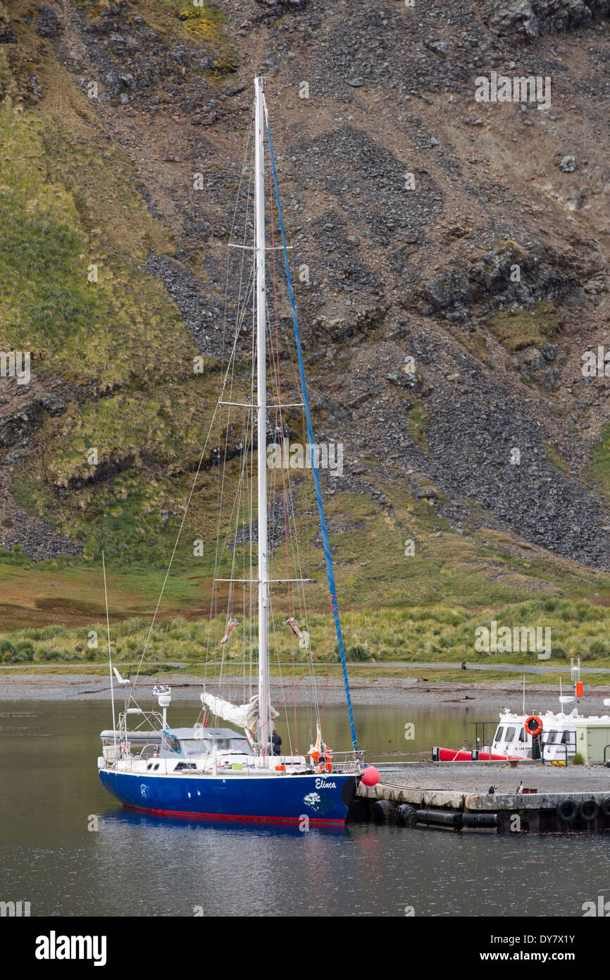 A yacht moored at the British Antarctic Survey base at Grytviken on ...