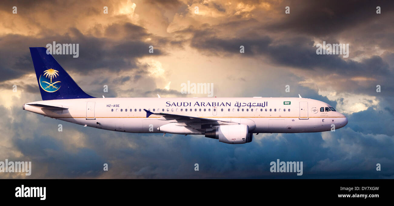 Saudi Arabian Airlines Airbus A320-214 in flight in the evening light ...