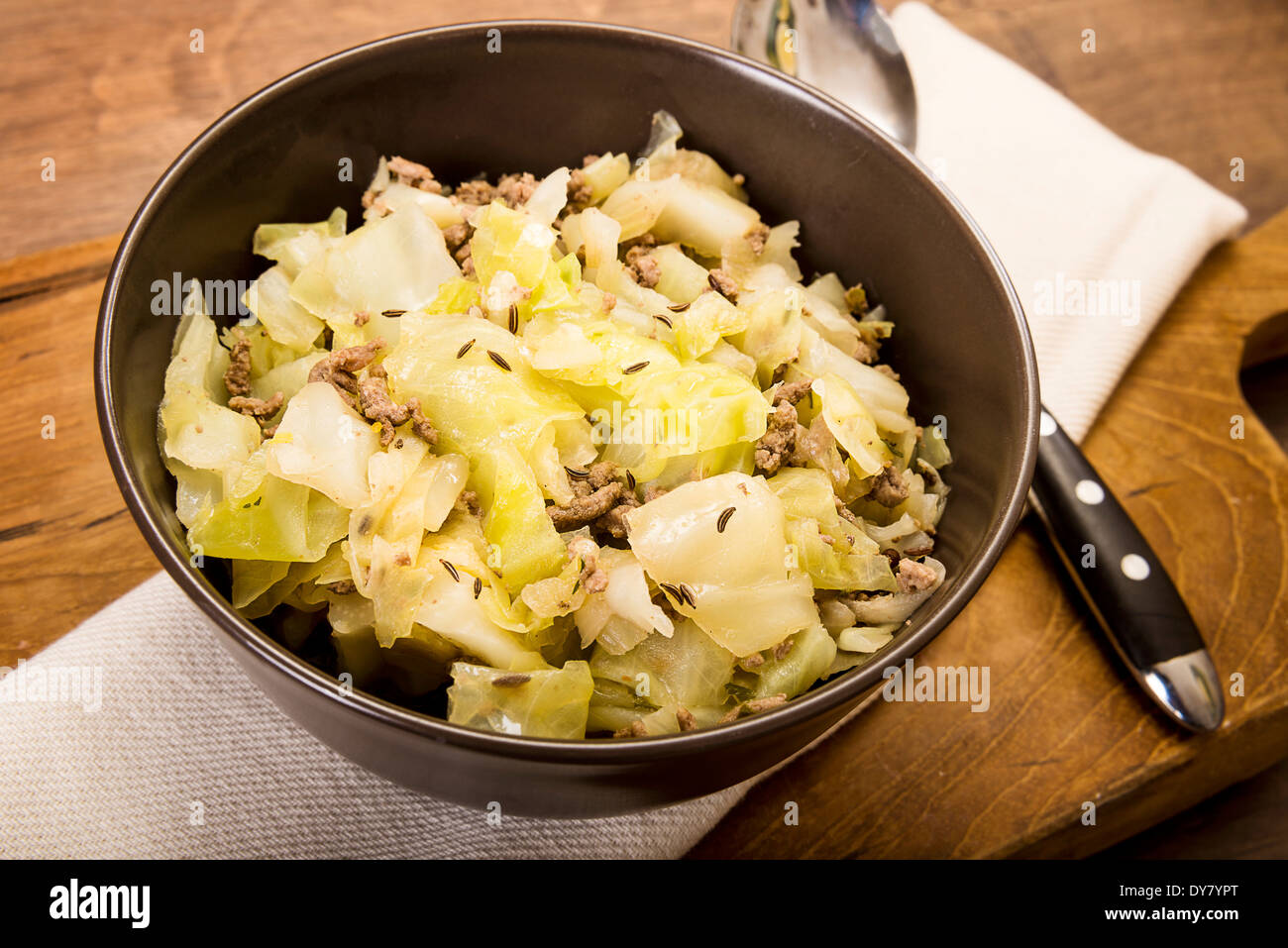 Cabbage mincemeat stew, elevated view Stock Photo - Alamy