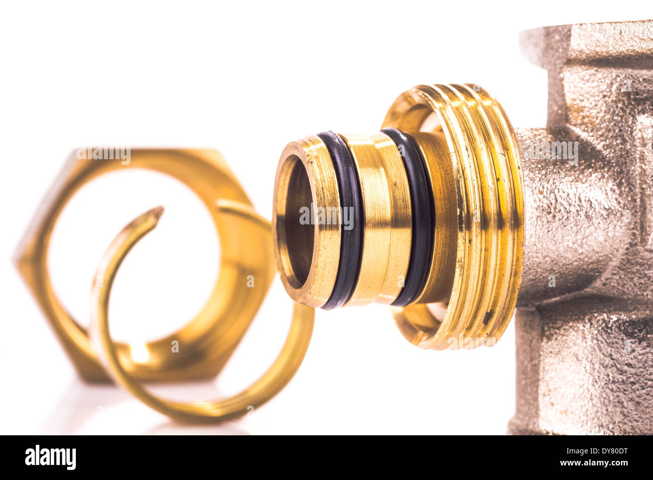 Close-up of compression sanitary wall plate fitting disassembled Stock ...