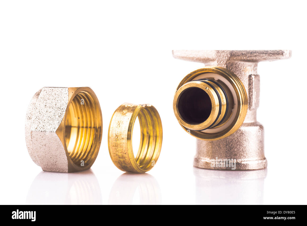 Close-up of compression sanitary wall plate fitting disassembled Stock ...