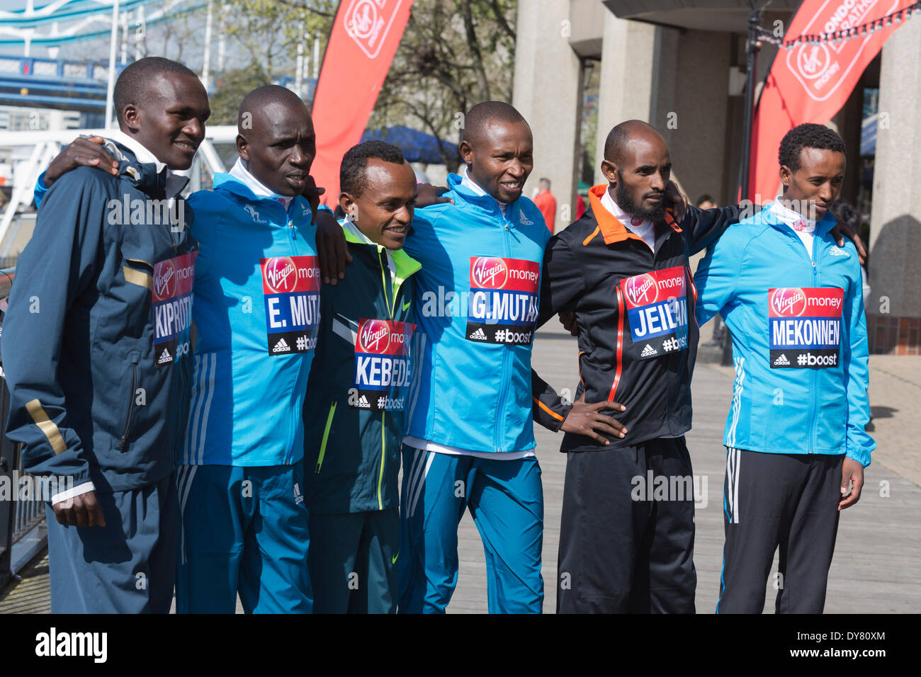 London, UK. 9 April 2014. Photocall of the six elite male runners (L-R ...