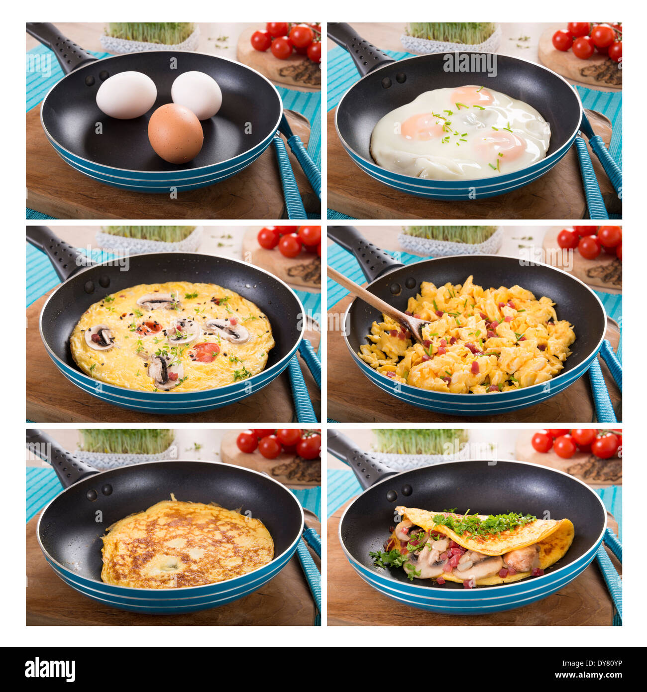 Collage with variation of egg dishes in frying pan Stock Photo - Alamy