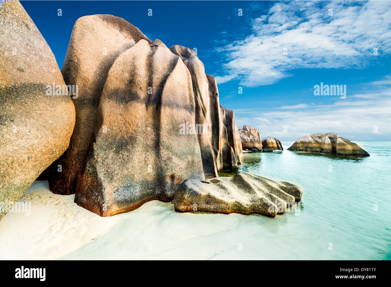 Anse Sous d'Argent beach with granite boulders and turquoise sea Stock ...