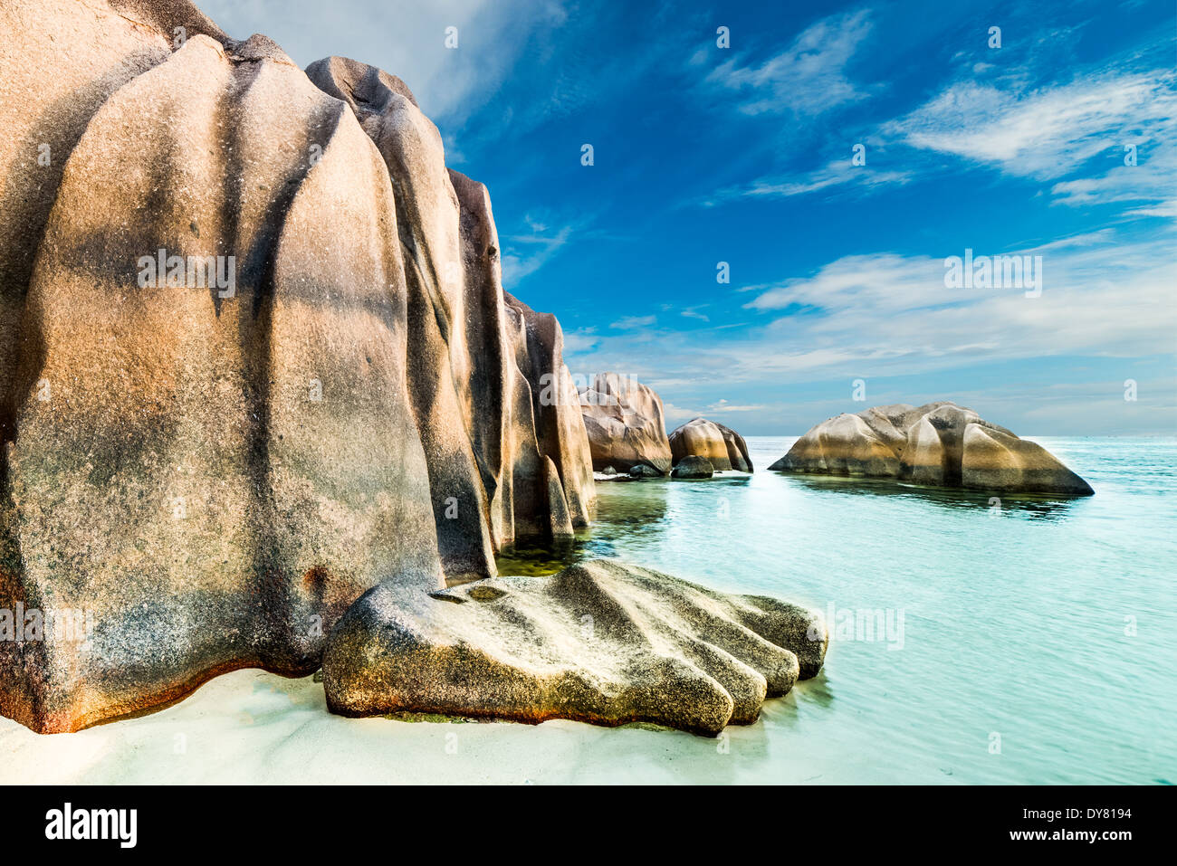 Anse Sous d'Argent beach with granite boulders and turquoise sea Stock ...