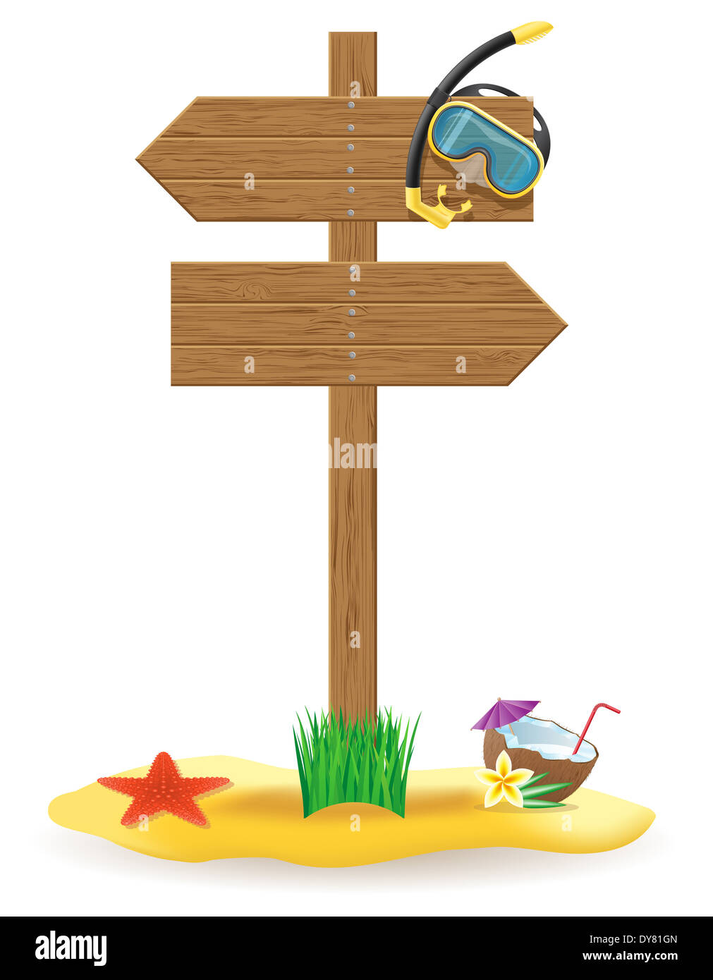 wooden pointer board and beach icons illustration isolated on white ...