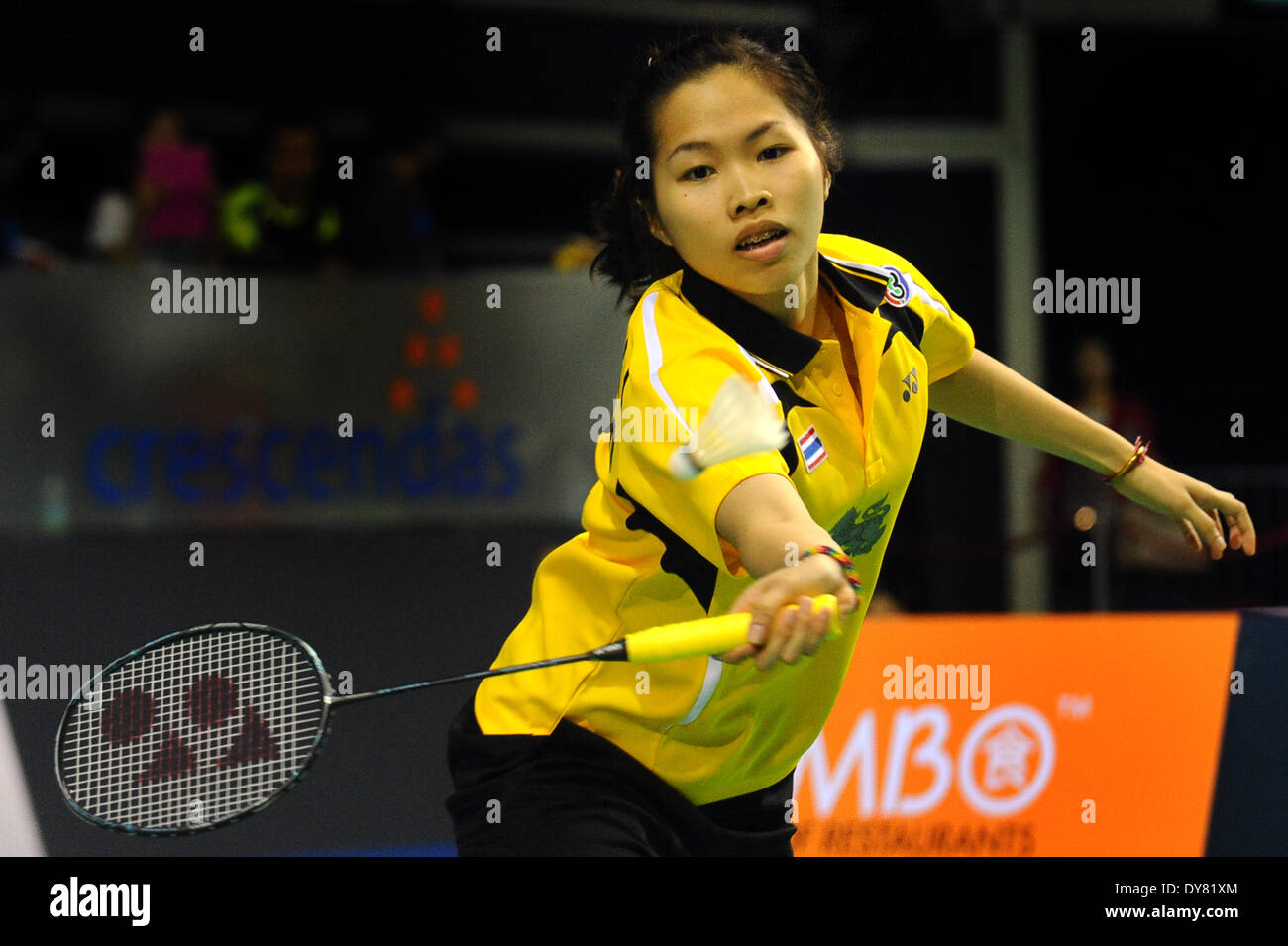 Singapore. 9th Apr, 2014. Ratchanok Intanon of Thailand hits a return ...