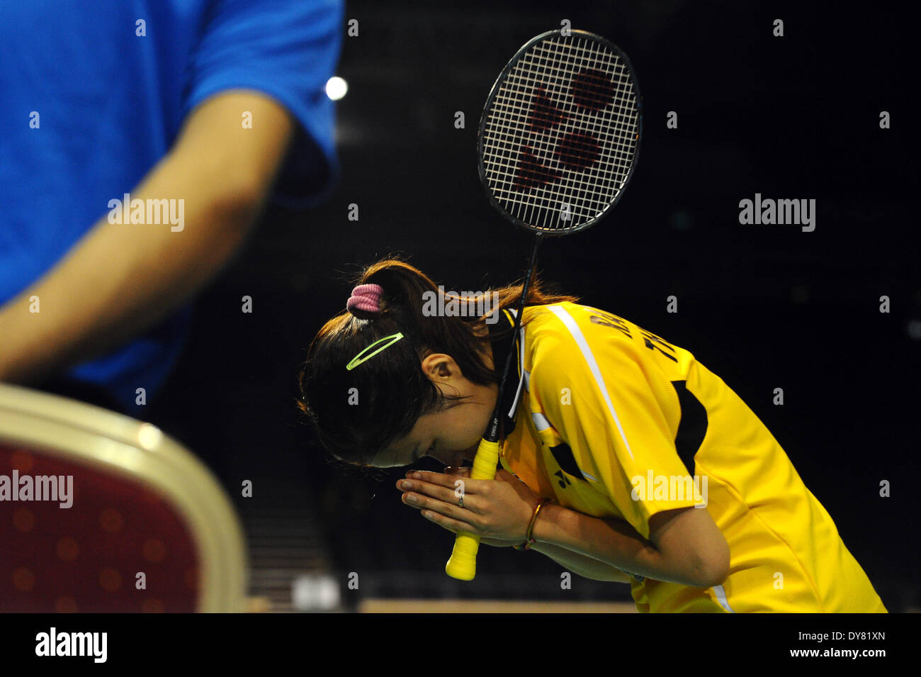 Singapore. 9th Apr, 2014. Ratchanok Intanon of Thailand reacts during ...