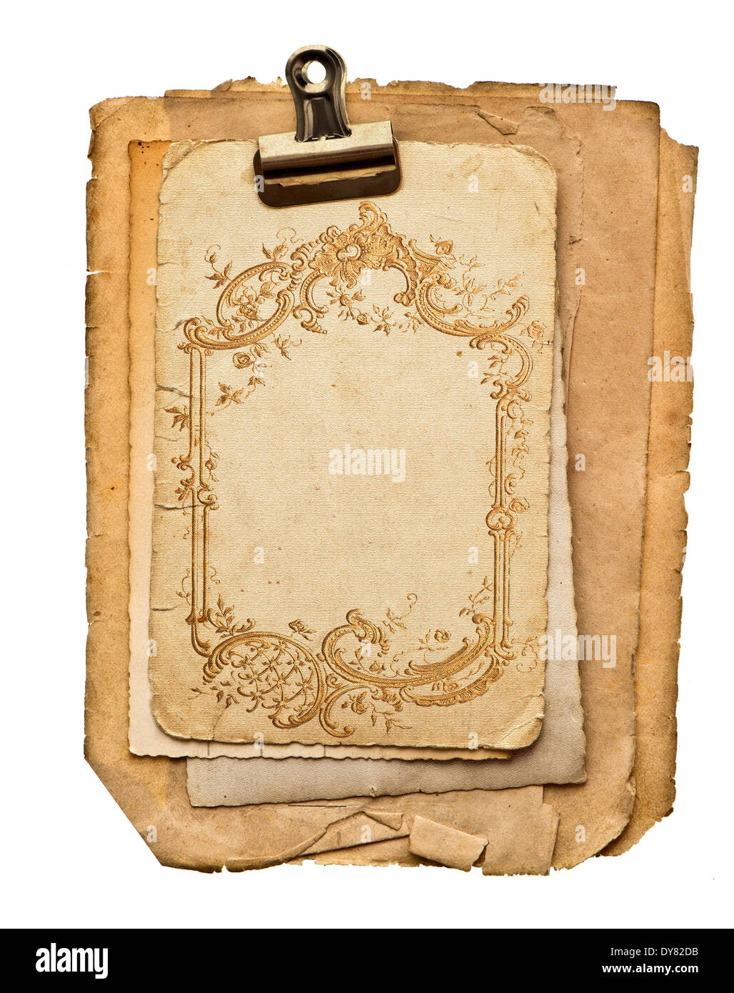 old blank paper sheets with golden ornament isolated on white ...