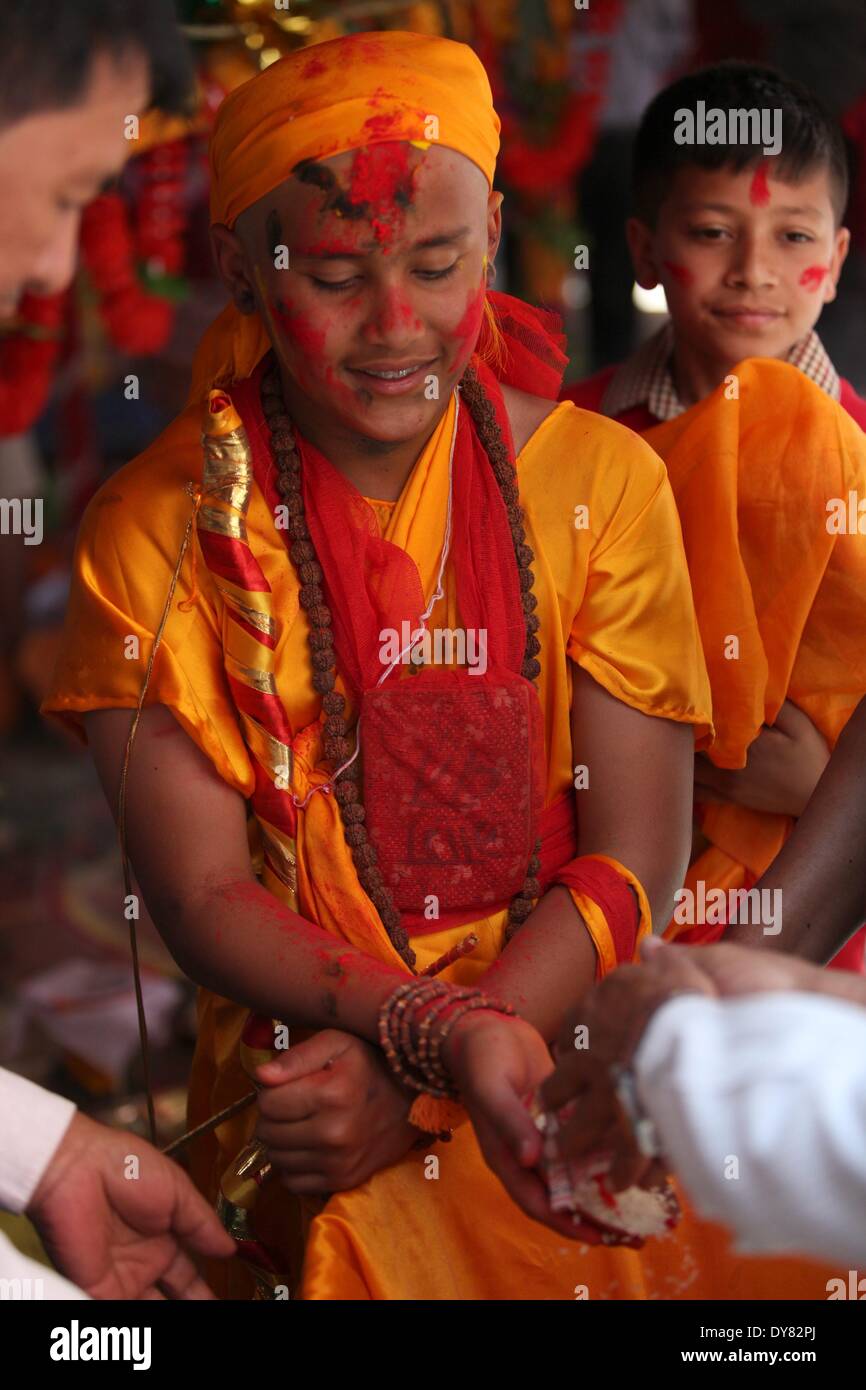 Kathmandu, Nepal. 9th Apr, 2014. Boys attend a Hindu ritual in ...