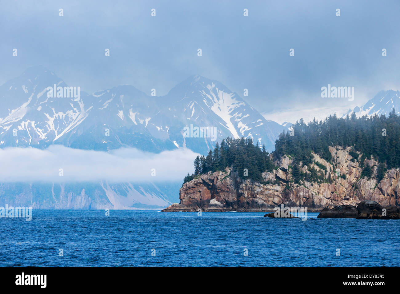 USA, Alaska, Seward, Resurrection Bay, view to snow-covered mountains ...