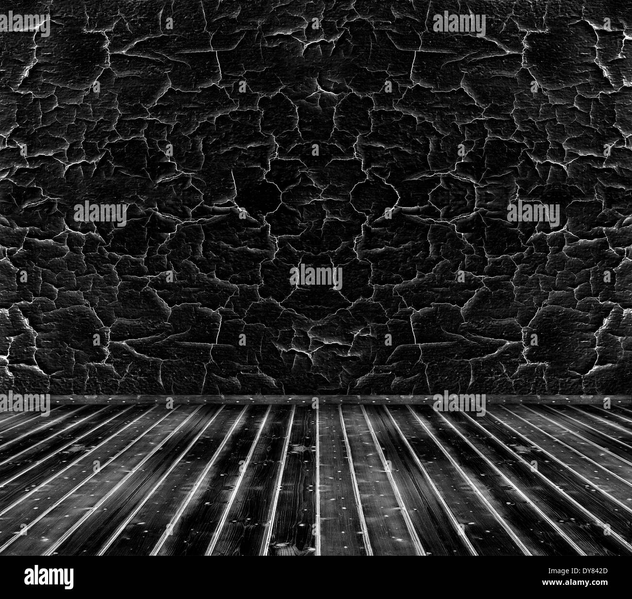 old black cracked wall and wooden floor. dark room interior background ...