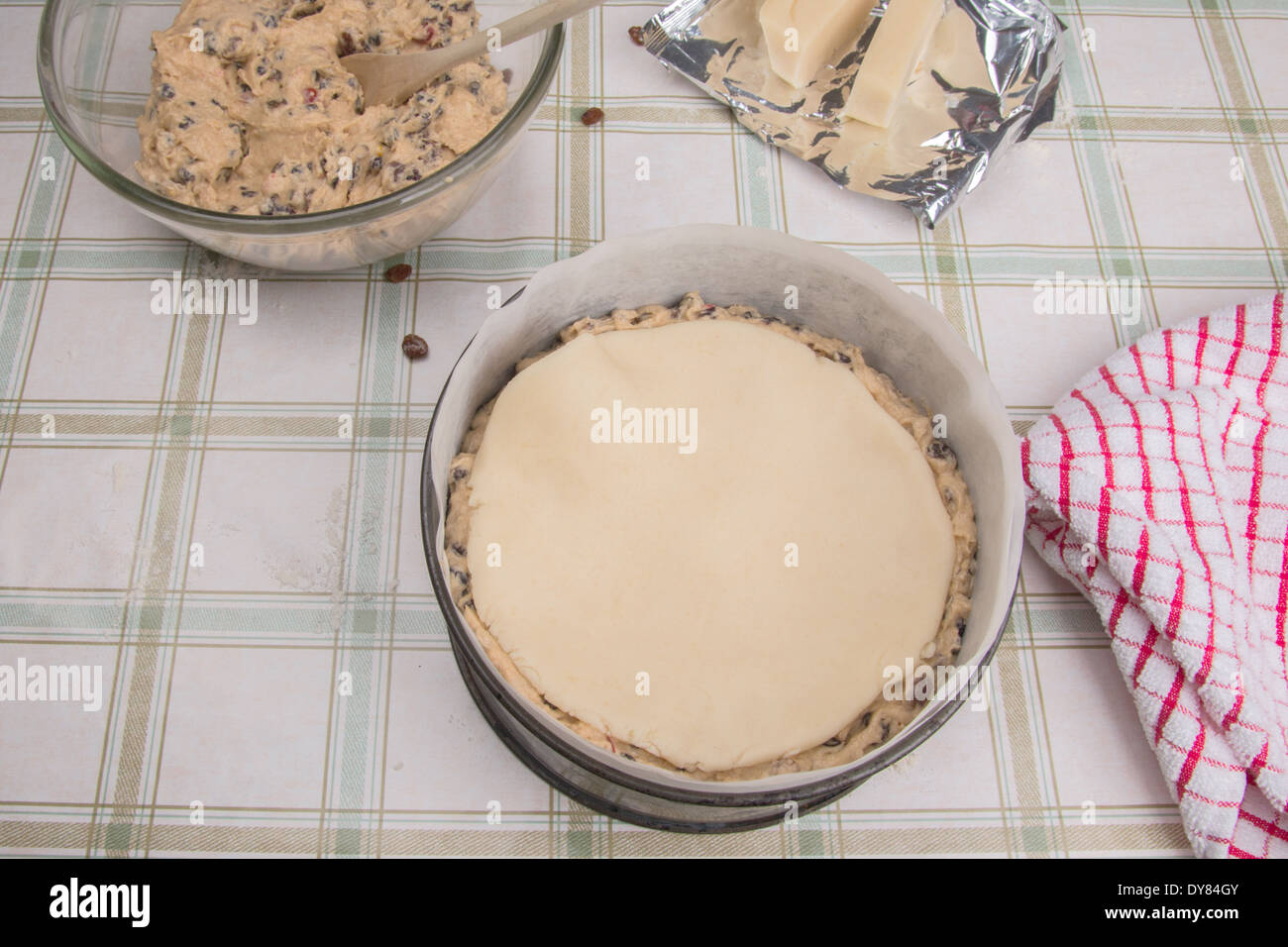 Simnel cake preparation, ready to put remainder of cake mix on top of ...