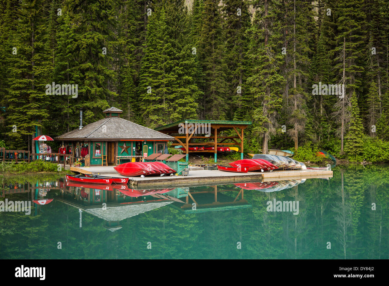 The colorful boathouse on Emerald Lake, Yoho National Park, British ...