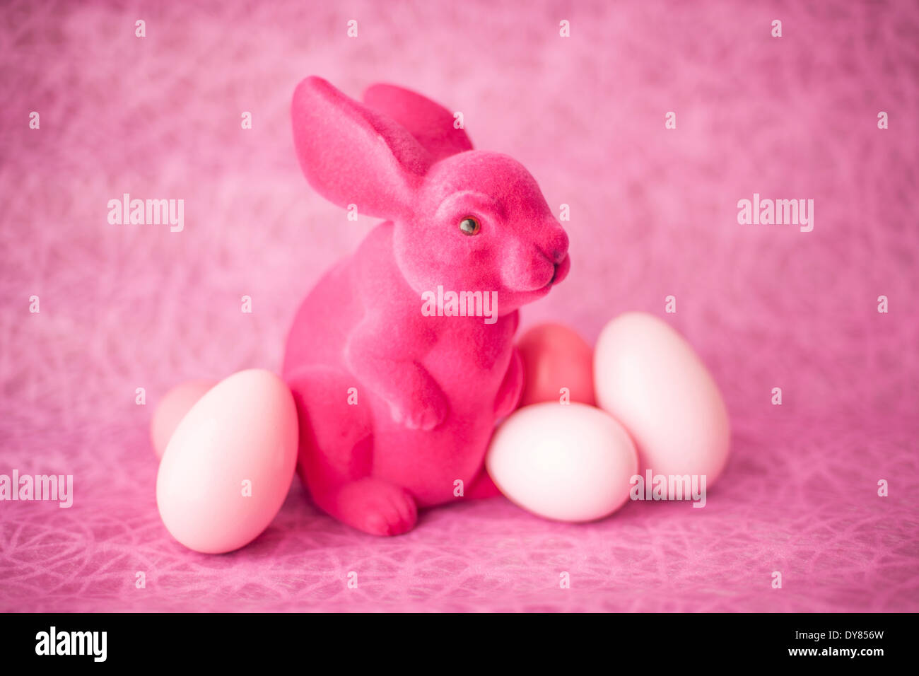Pink Easter bunny with Easter eggs in front of pink background Stock ...