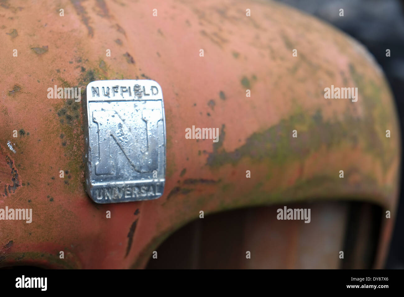Abandoned Nuffield Universal tractor showing the company logo on the ...
