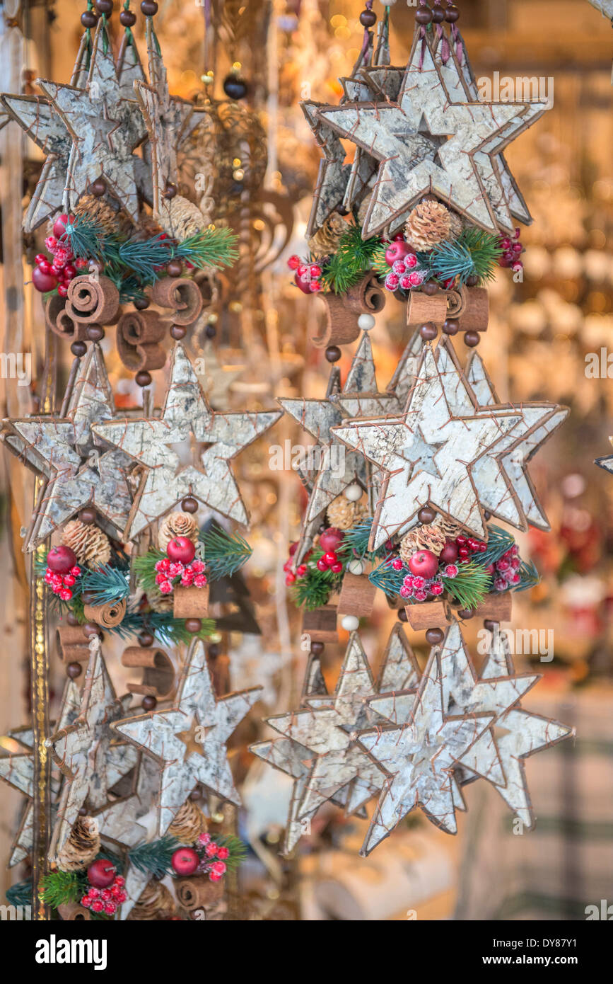 Star-shaped birch bark decorations at Christmas Market, Bamberg ...