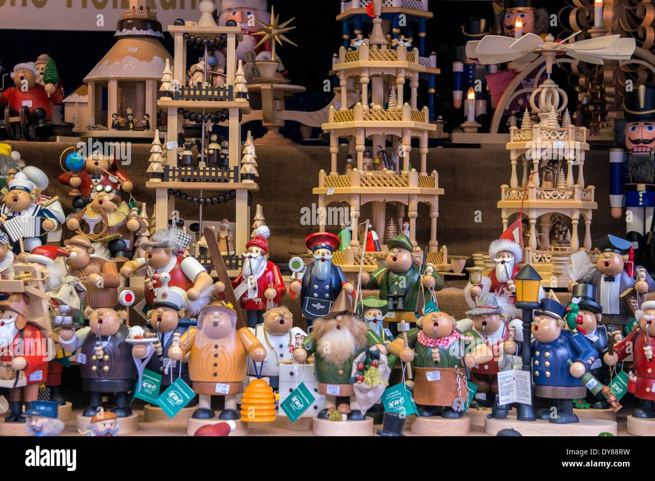 Wooden holiday pyramids and smokers, Christmas market, Mainz, Germany ...