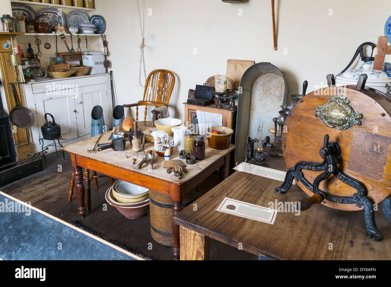 Victorian kitchen pots pans tin bath knife sharpener table utensils ...