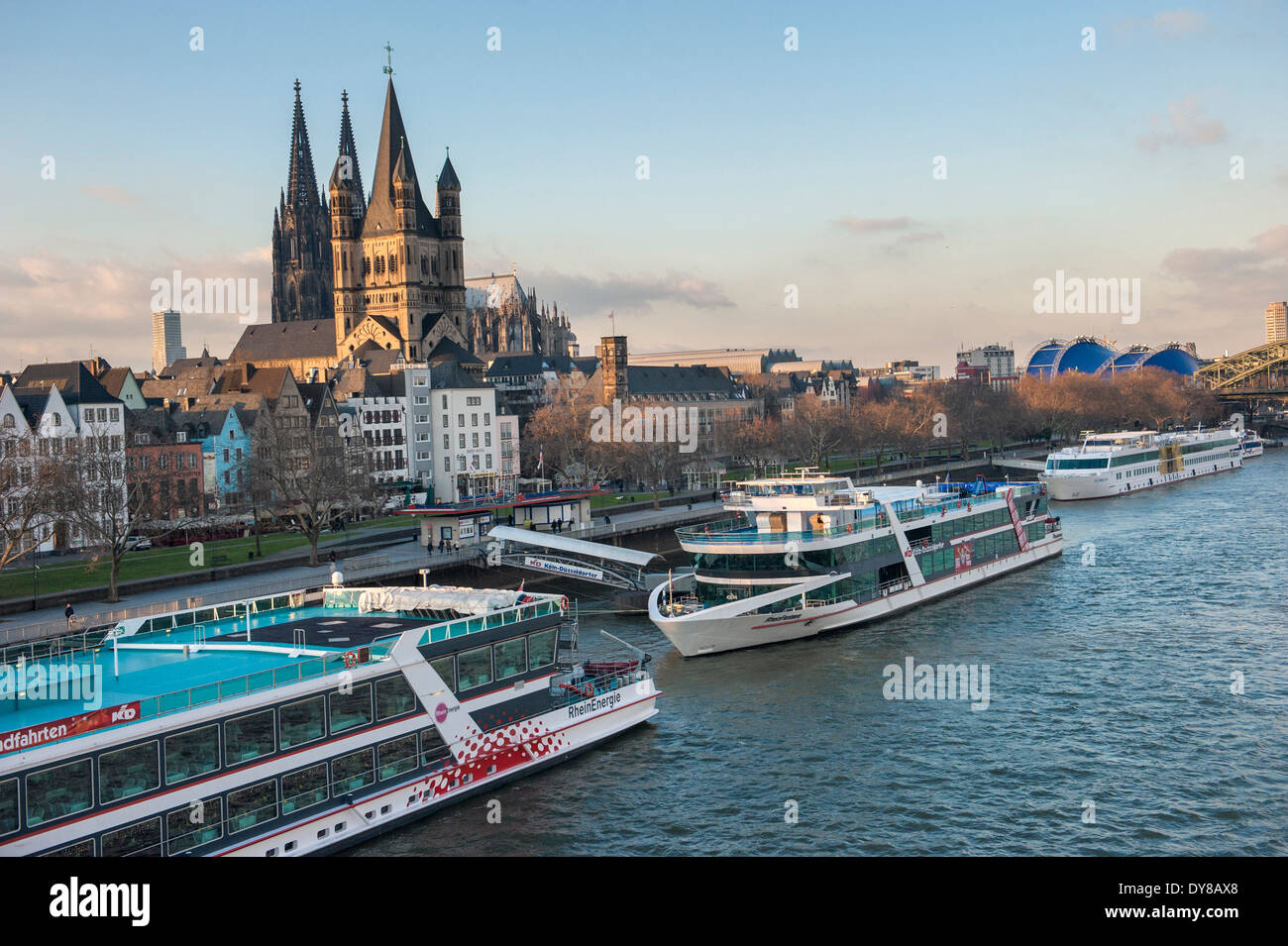 The Great Saint Martin Church, Cologne Cathedral and riverboats along ...