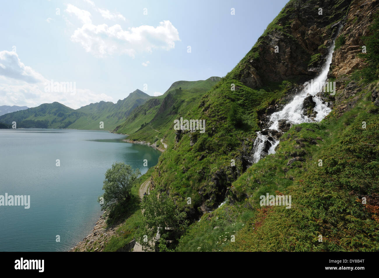 Switzerland, Ticino, Ritom, Piora, waterfall, rock, cliff, lake ...
