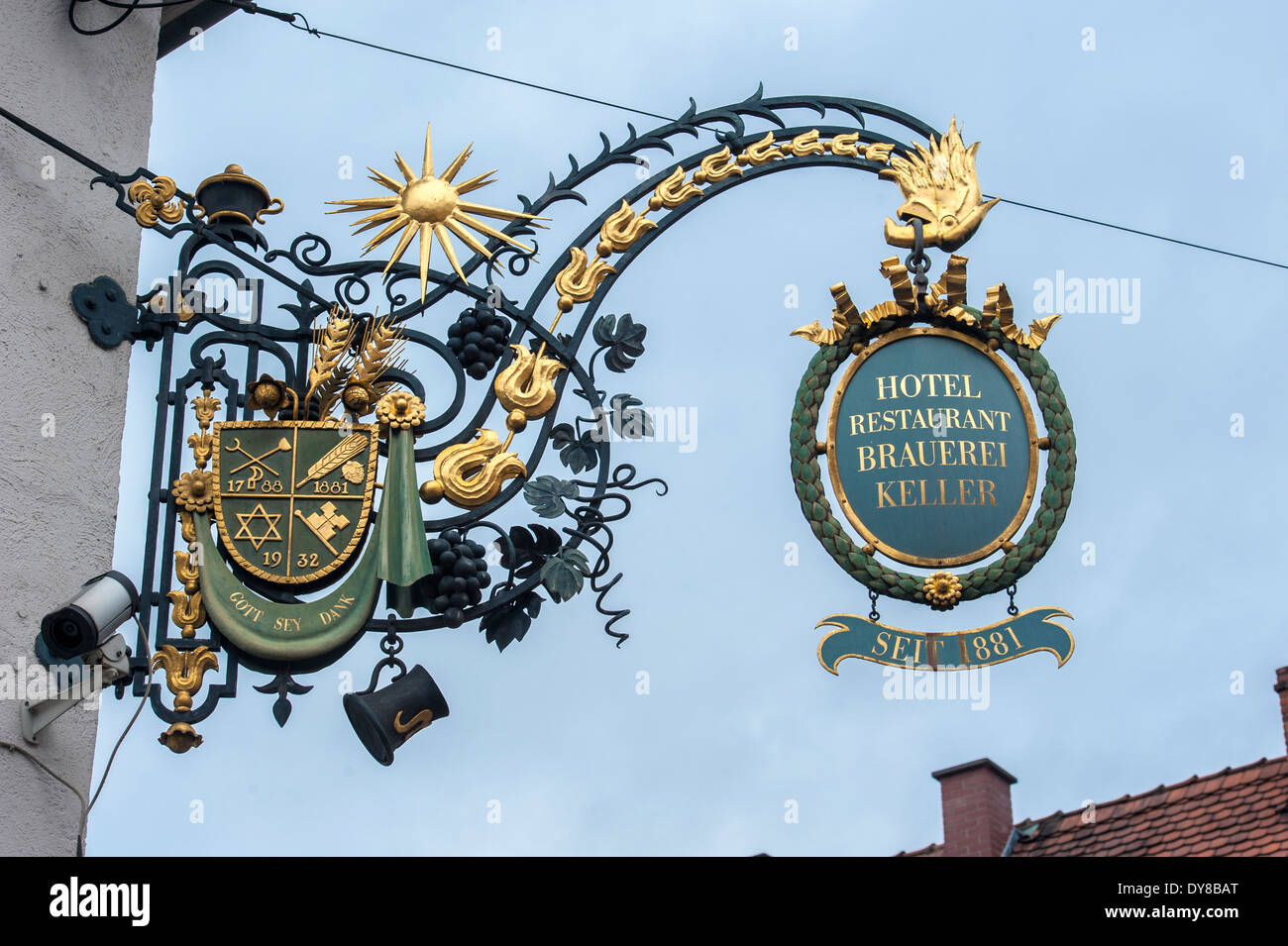 Wrought-iron hotel and restaurant sign, Brauerei Keller, Miltenberg ...