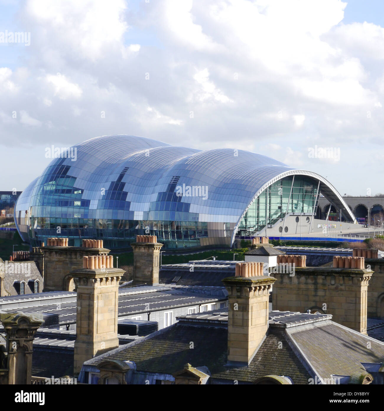 The Sage cultural venue, Gateshead, UK viewed across rooftops and ...