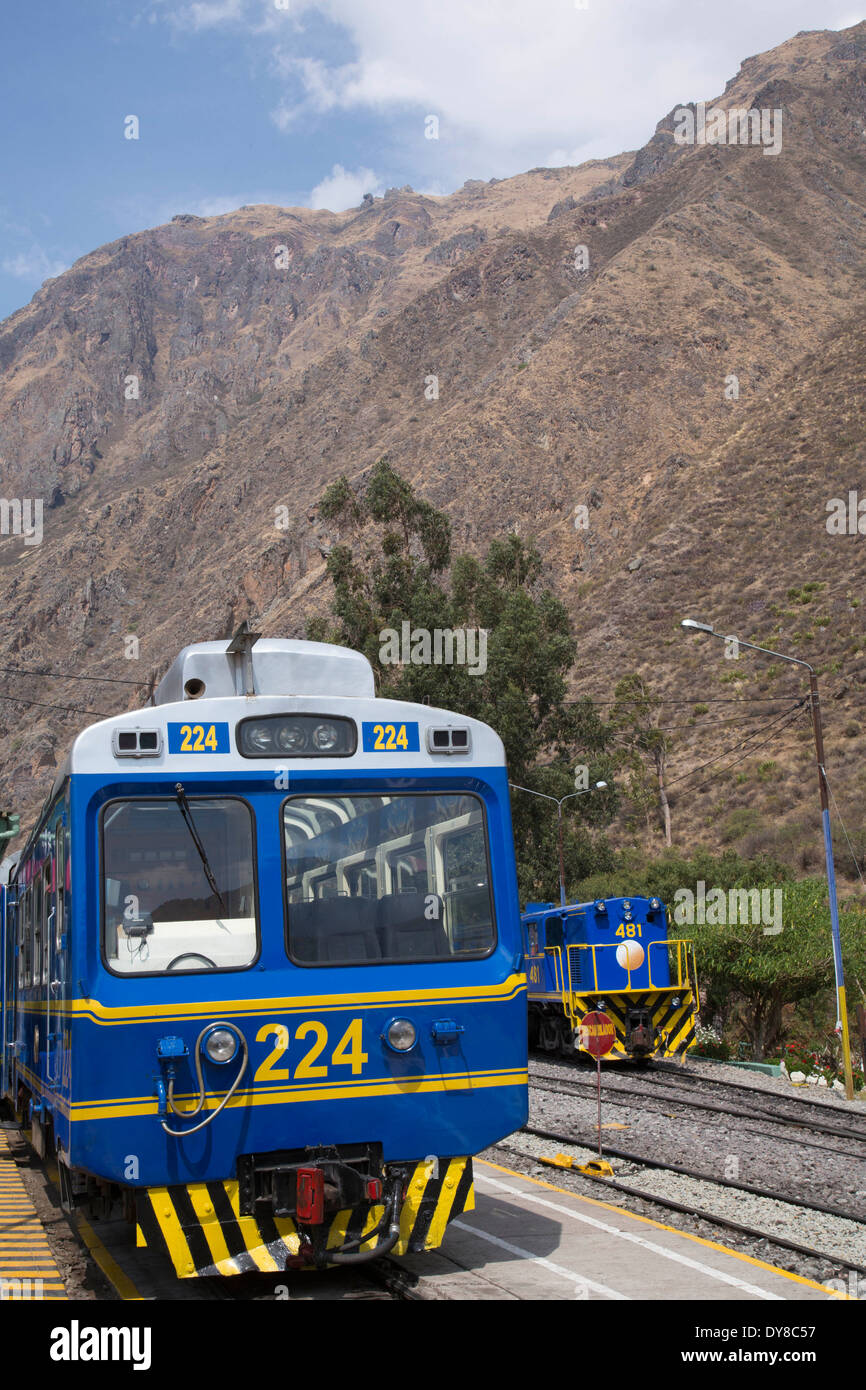 South America, Peru, train on tracks en route to Machu Picchu Stock ...