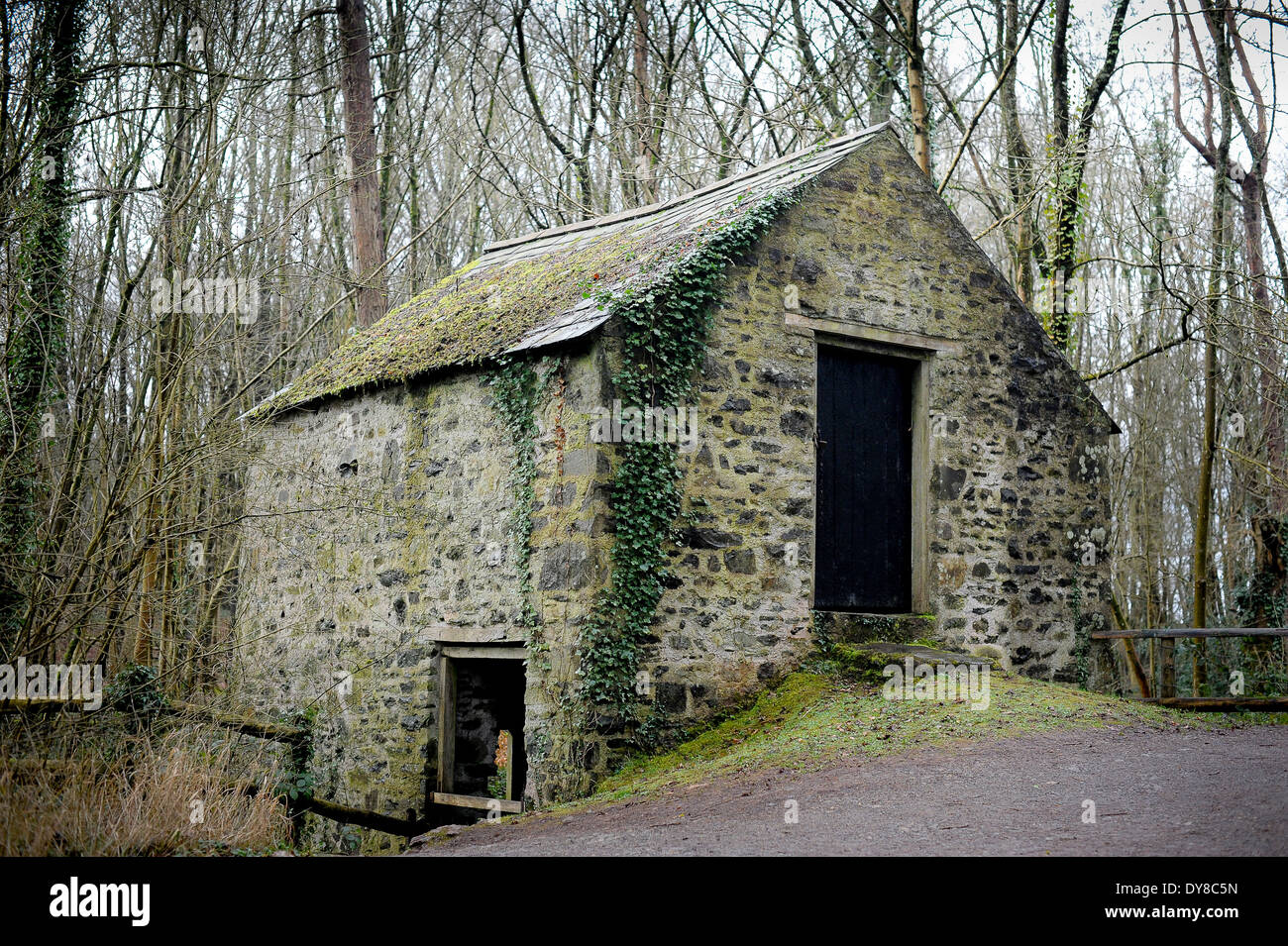 Old stone mill by winter trees Stock Photo - Alamy