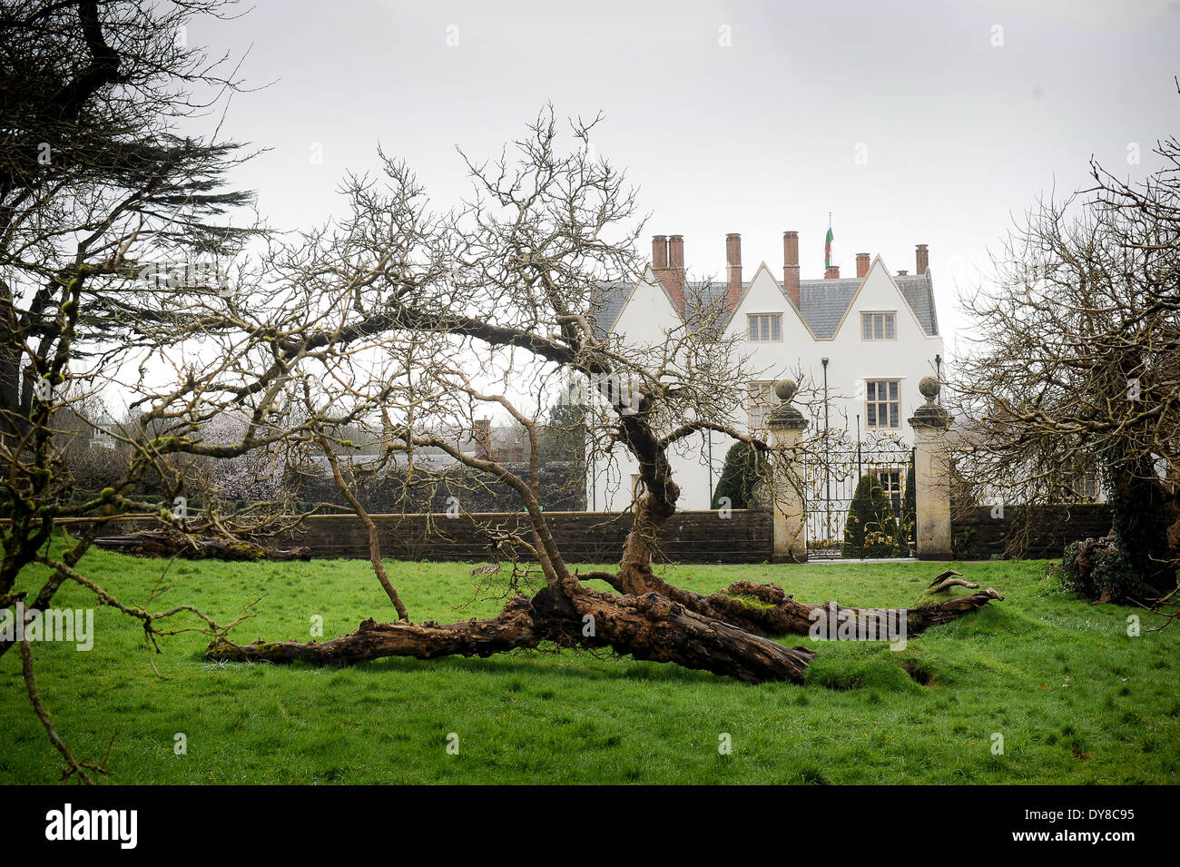 White British Elizabethan country manor house with old trees garden in ...