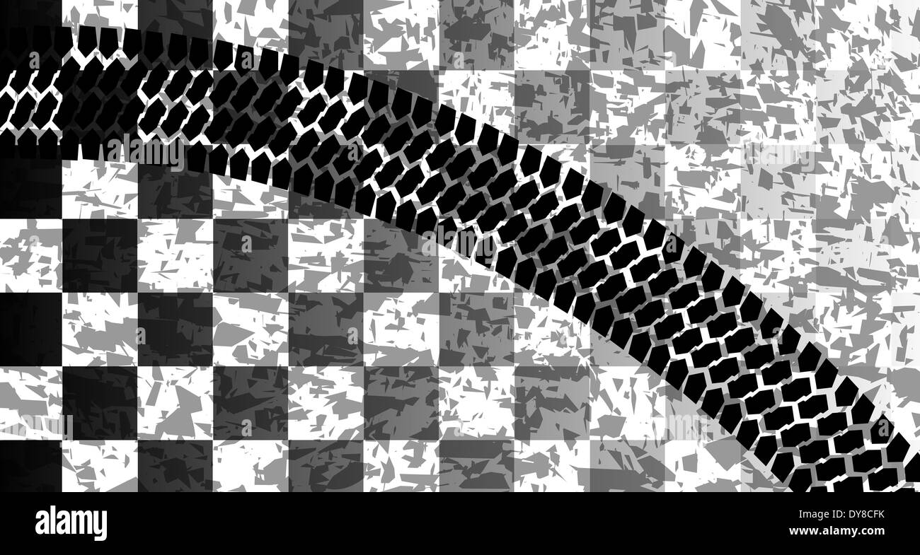 A racing chequered flag with a tyre skid mark on a faded background ...