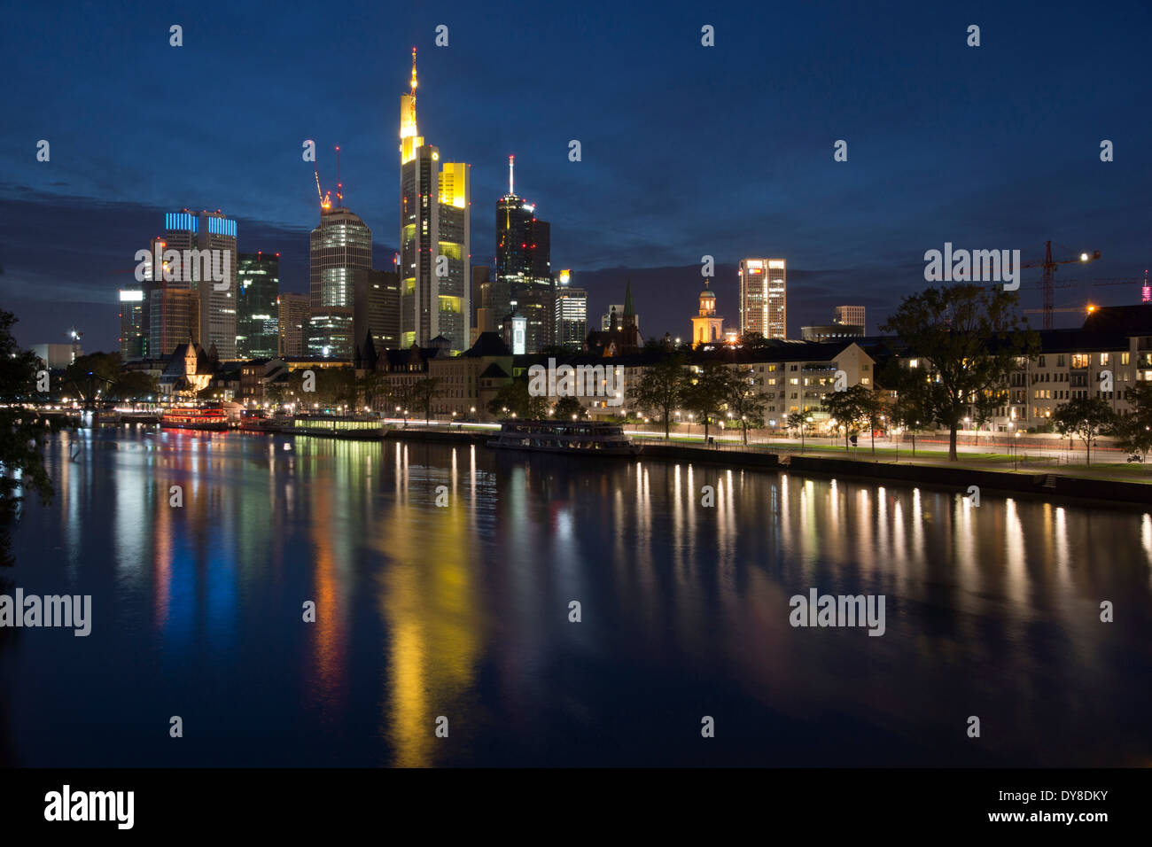 skyline in evening light, frankfurt am main, hessia, germany, europe ...