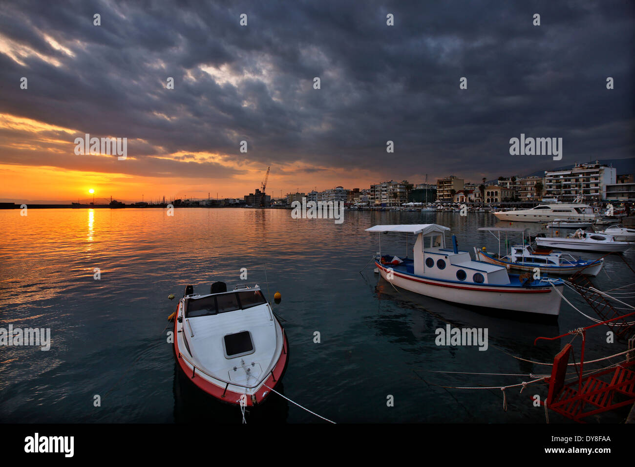 Sunset at the port of Kalamata town, Messenia, Peloponnese, Greece ...
