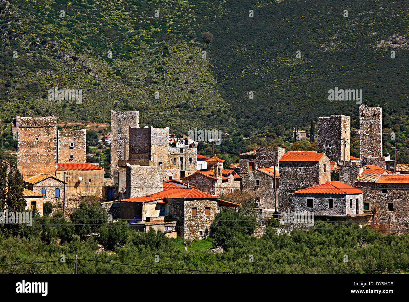 Typical Maniot "towerhouses" in Flomochori village, eastern ("Lakonian ...