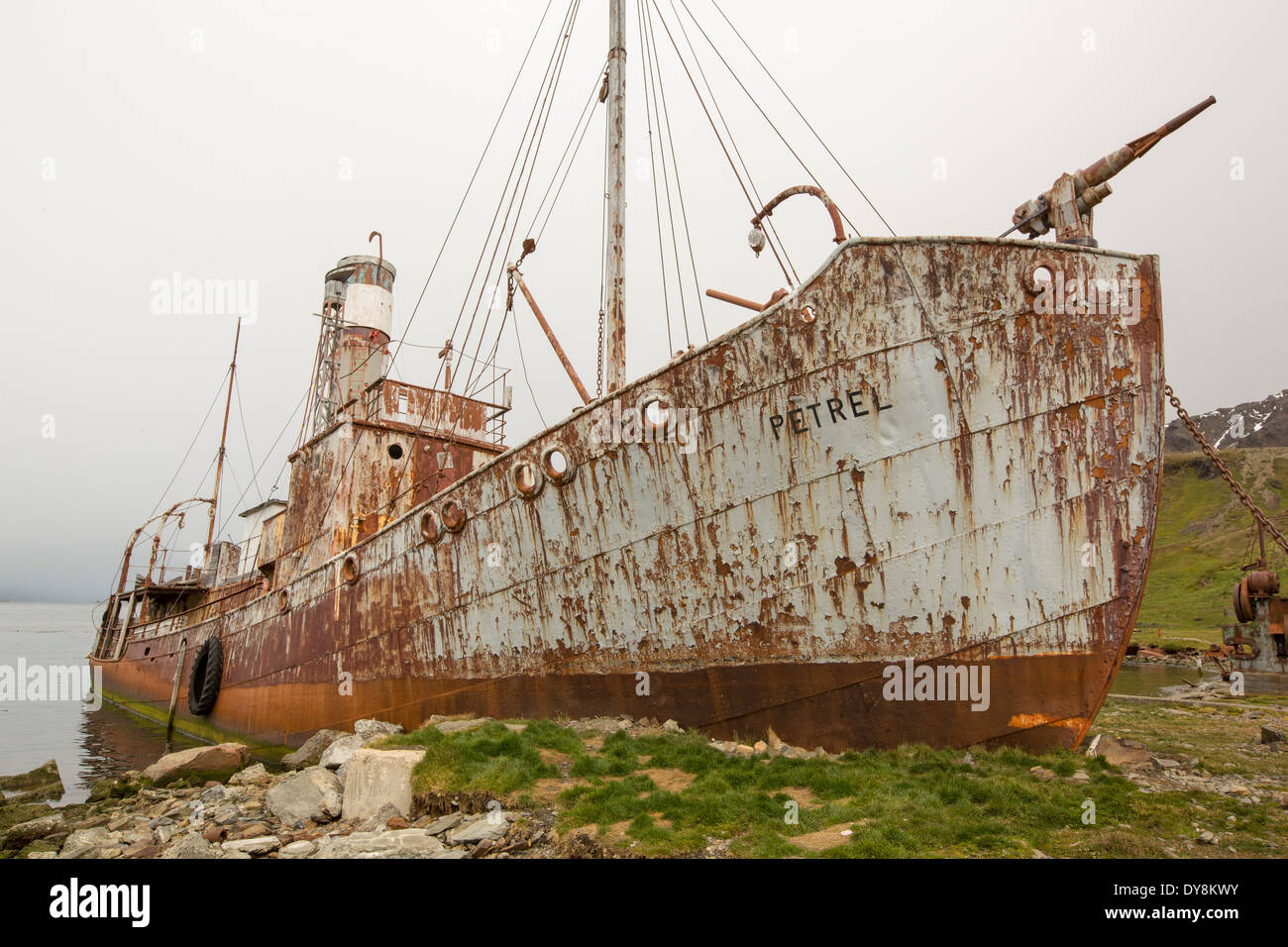 An abandoned whaling boat with a harpoon on its bow at the old whaling ...